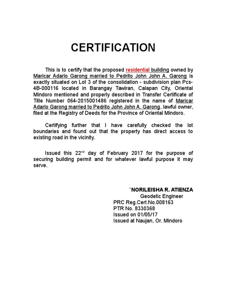 CERTIFICATION For Building Permit | PDF