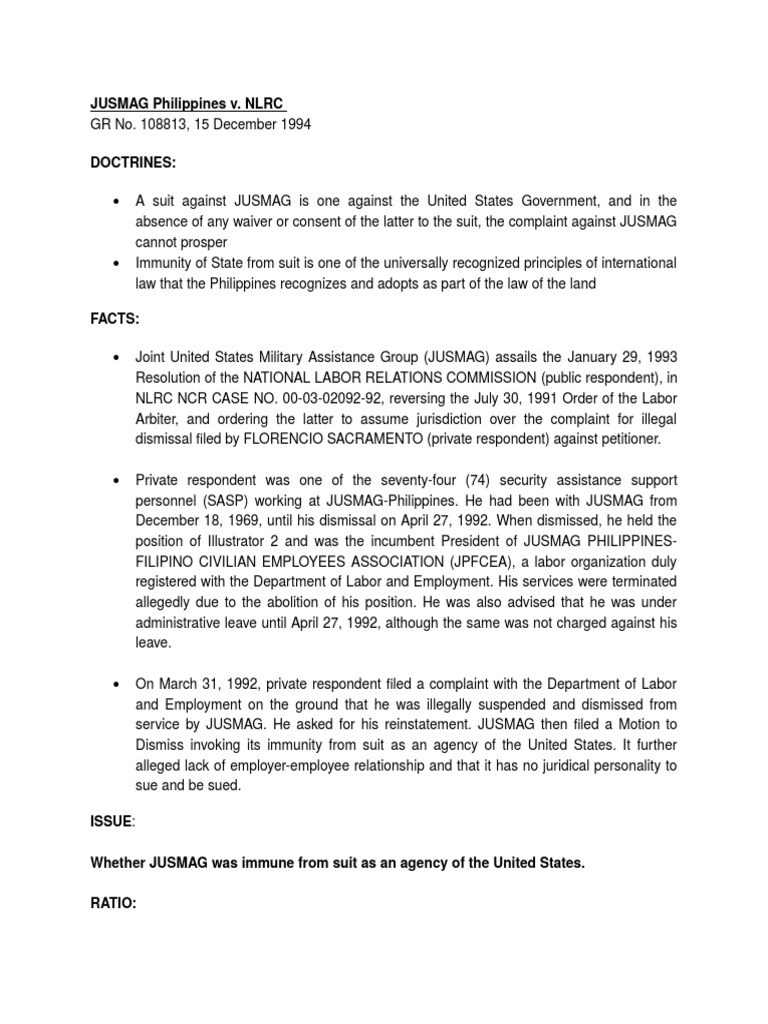 JUSMAG Philippines Immune from Suit as US Agency | PDF | Sovereign ...