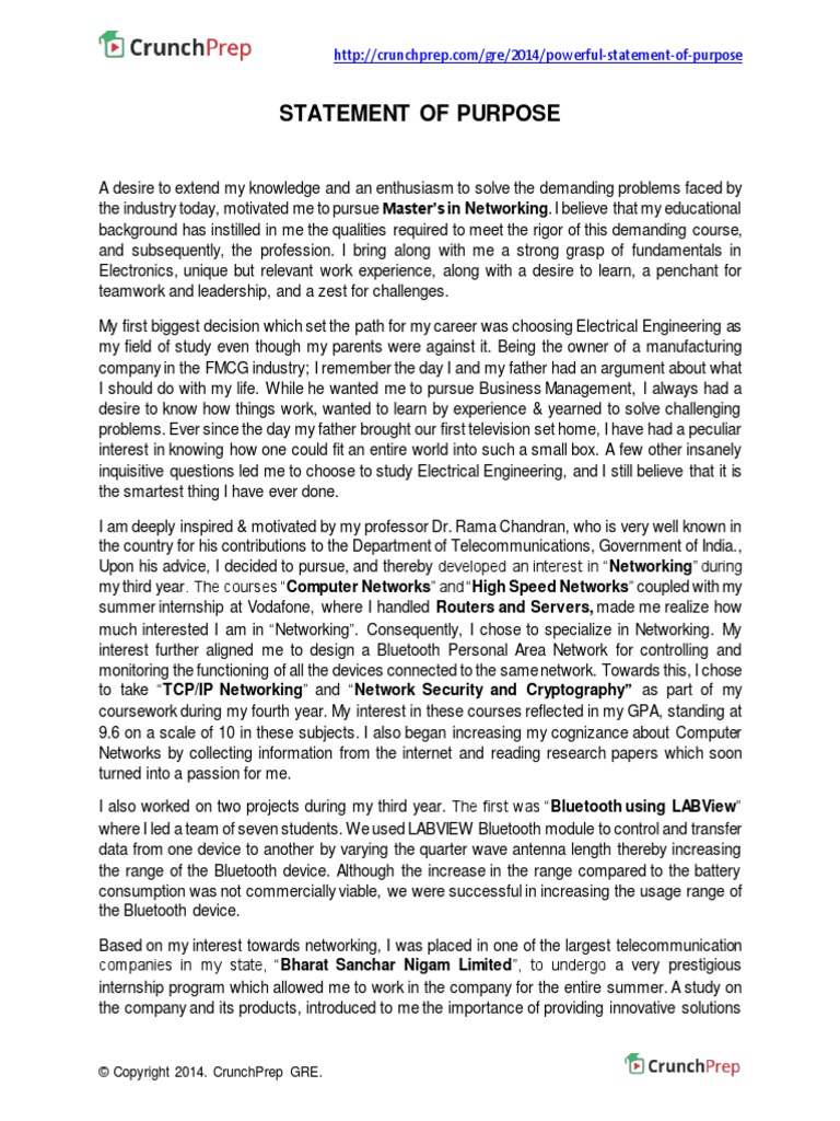 Sample Statement of Purpose CrunchPrepGRE PDF | PDF