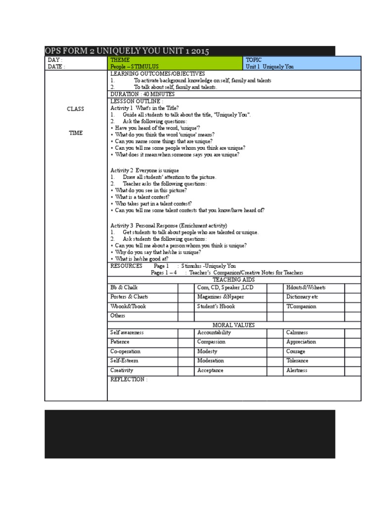 Ops Form 2 Uniquely You Unit 1 2015 | PDF | Lesson Plan | Cognition