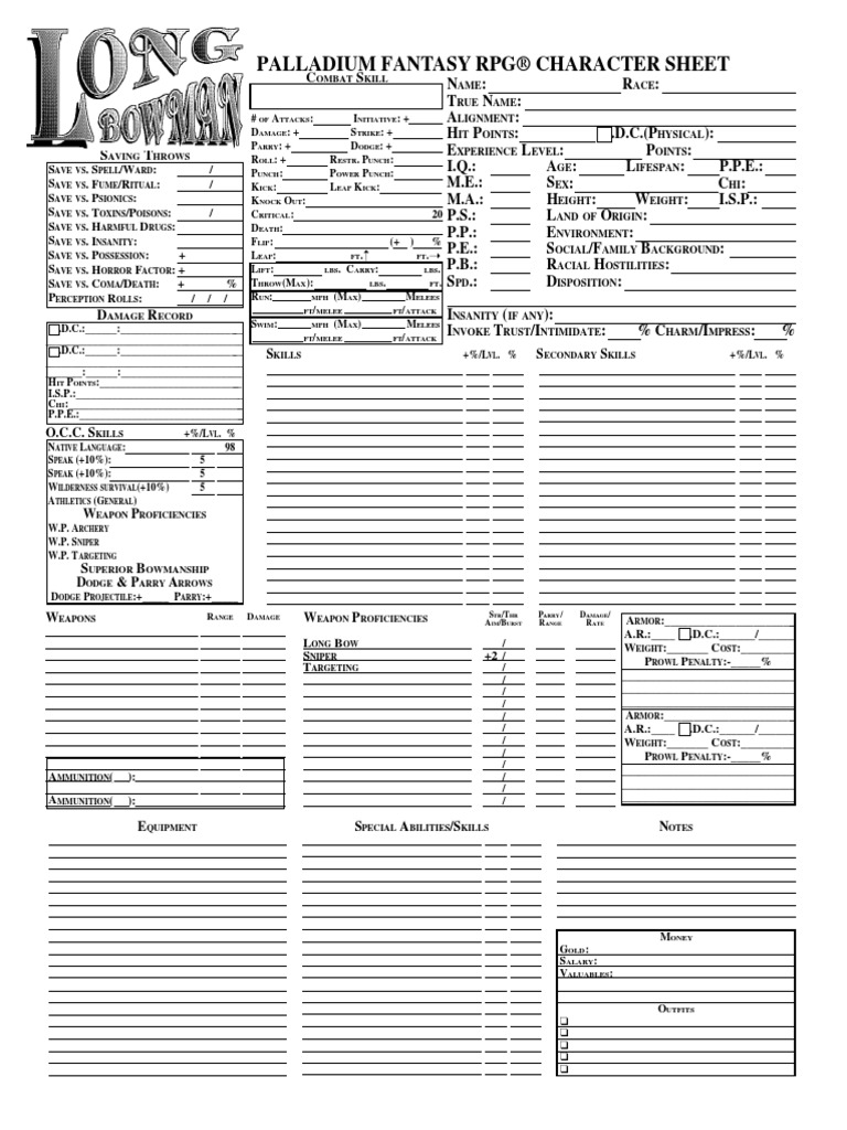 Palladium Fantasy RPG® Character Sheet: Ombat Kill | PDF | Projectiles ...