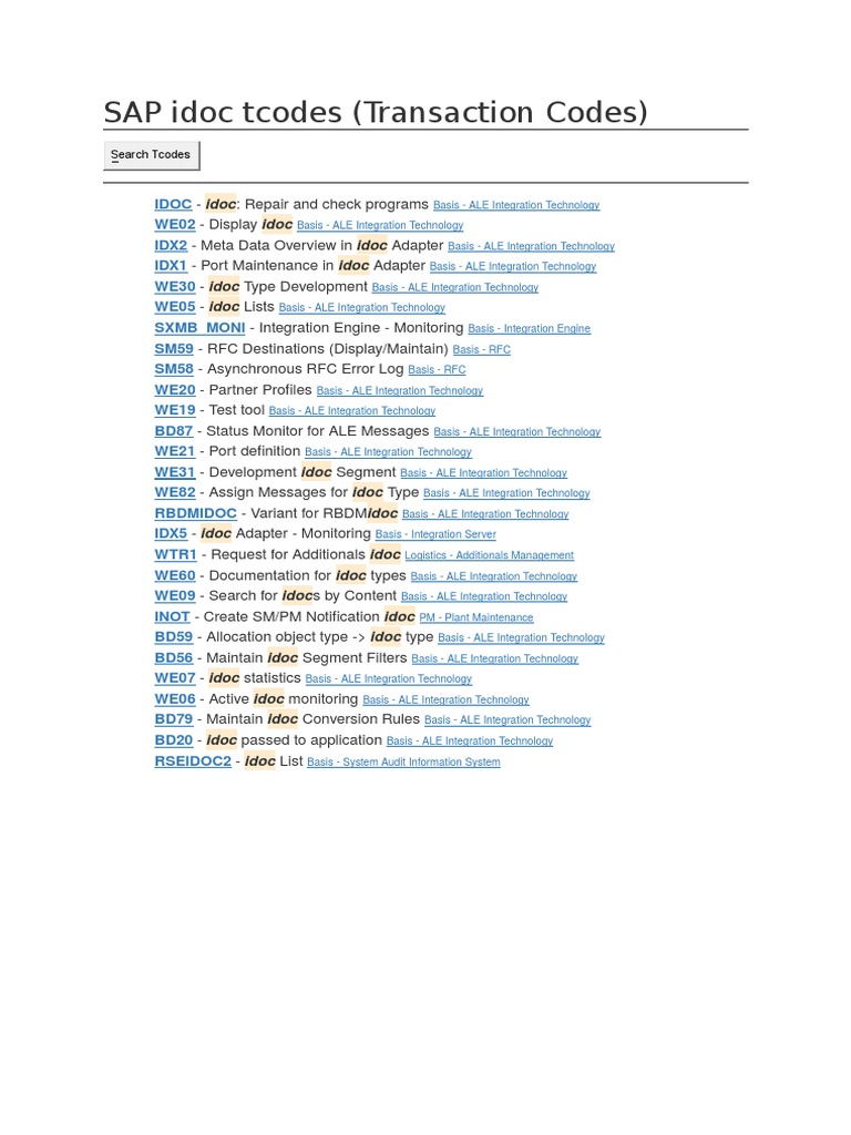 SAP IDoc Transaction Codes Overview | PDF