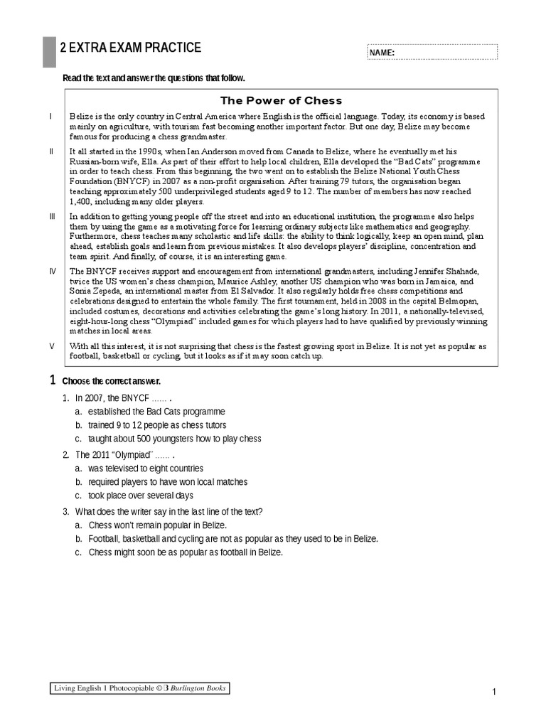 2 Extra Exam Practice: The Power of Chess | PDF | Chess | Cognition