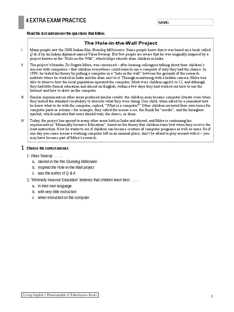 4 Extra Exam Practice: The Hole-in-the-Wall Project | PDF | Cognition | Cognitive Science