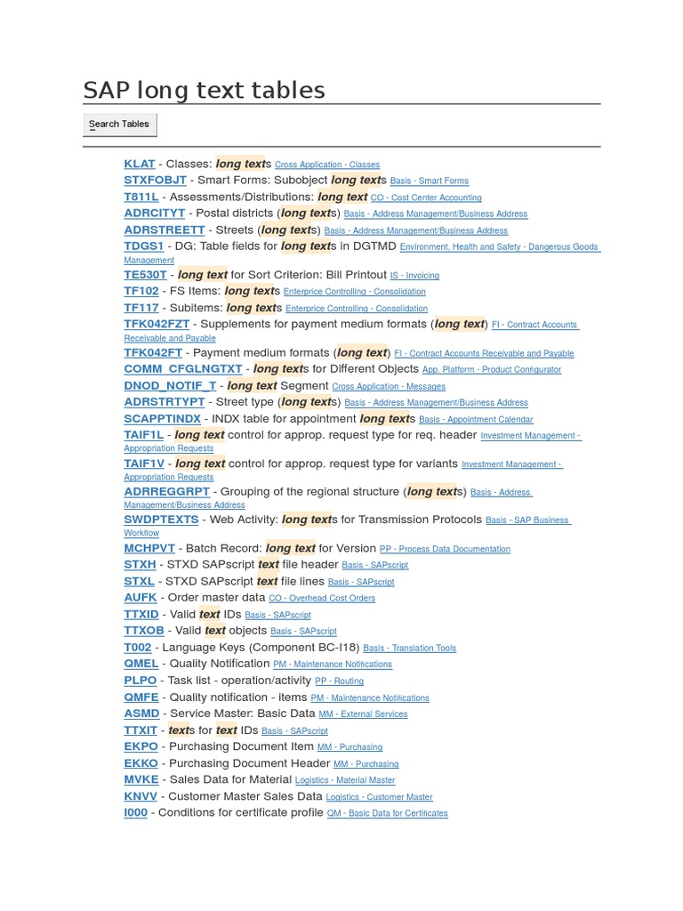 SAP Long Text Tables | PDF | Logistics | Application Software