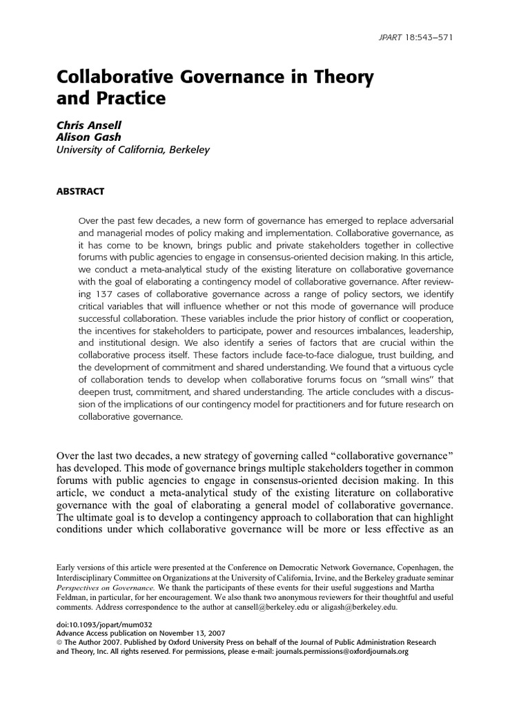 Contingency Model of Collaborative Governance: Factors for Successful ...