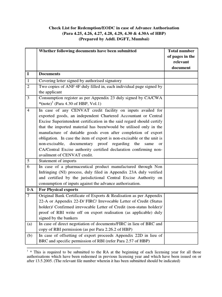 Check List For Redemption-EODC - Advance Authorisation | PDF