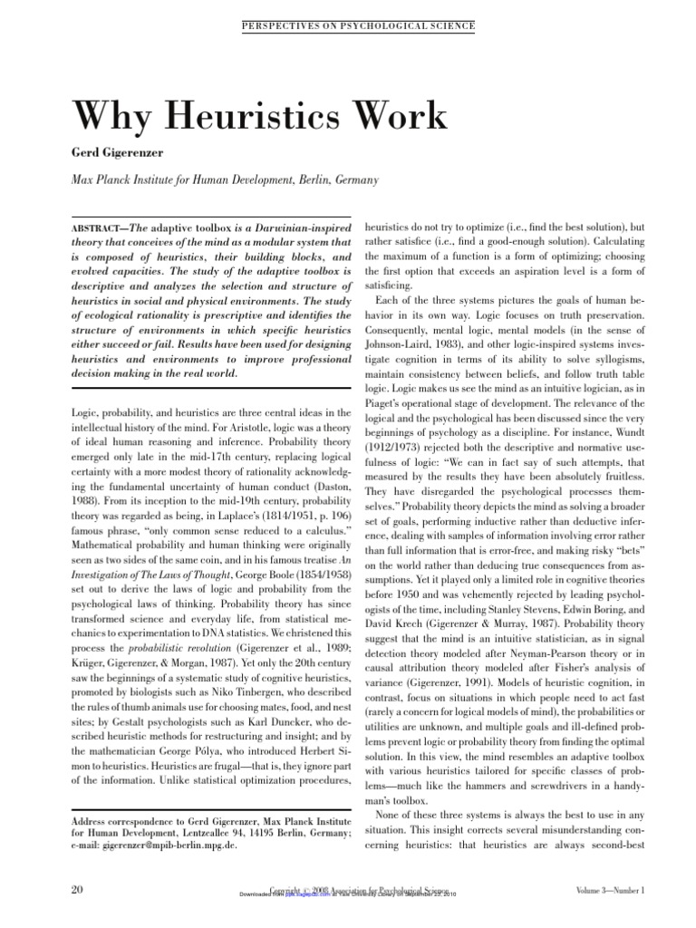 Why Heuristics Work: Gerd Gigerenzer Max Planck Institute For Human ...