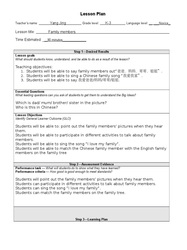 201501 Family Members Lesson Plan | Lesson Plan | Applied Psychology