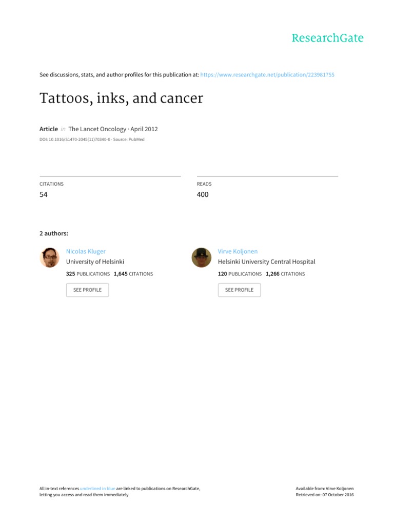 Tattoos Ink and Cancer | PDF | Tattoo | Skin Cancer