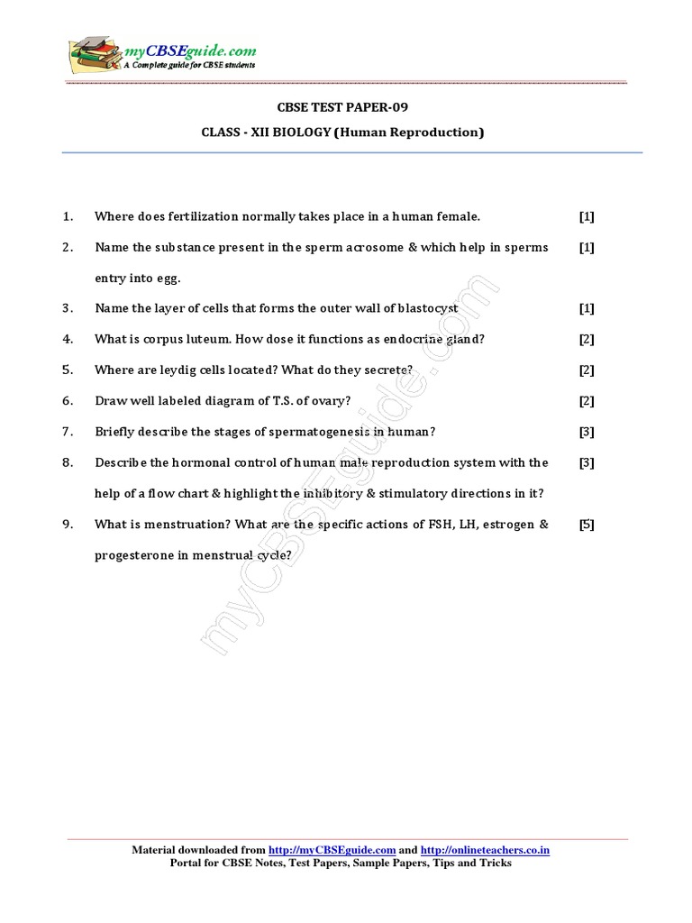 12 Biology Sexual Reproduction Test 09 | PDF