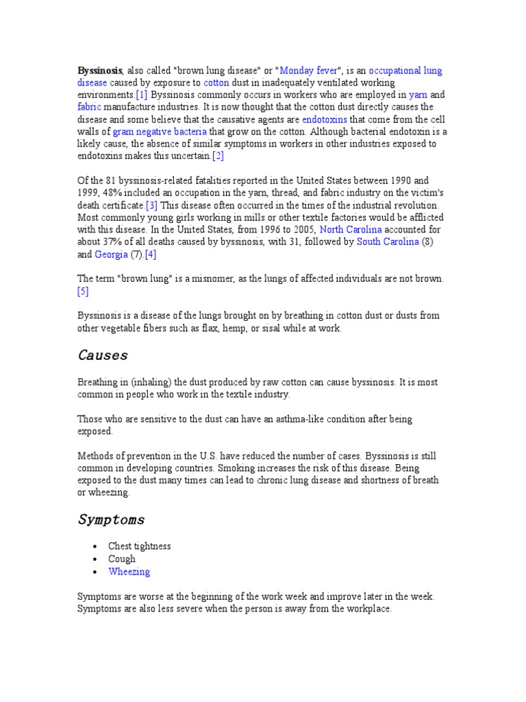 Causes: Byssinosis, Also Called "Brown Lung Disease" or " | PDF | Lung ...