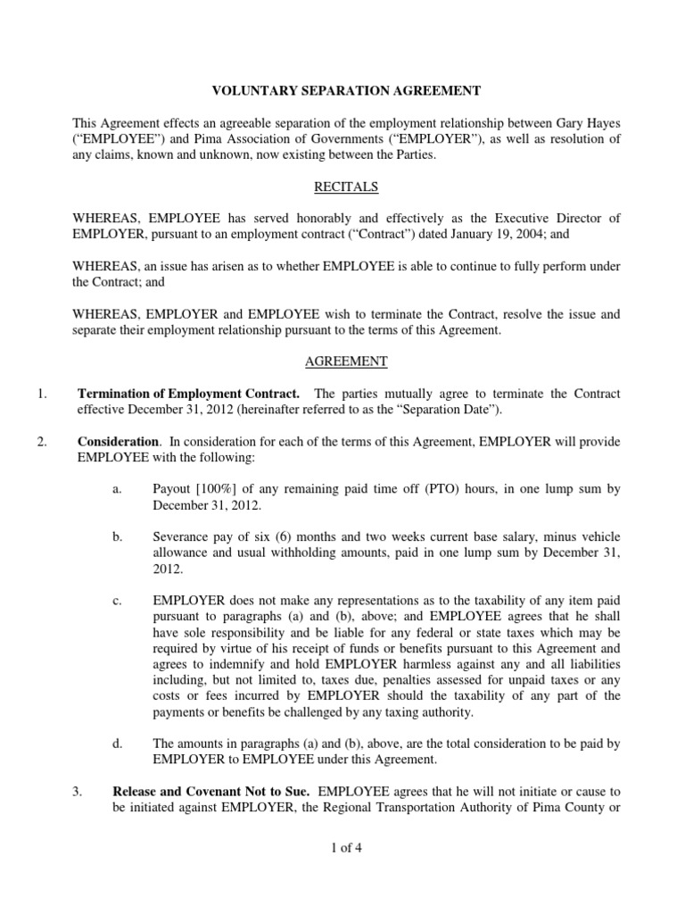 Voluntary Separation Agreement - Sample | Indemnity | Law Of Agency