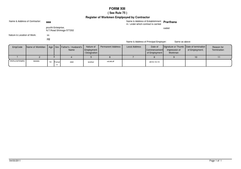 Contractor Workmen Register | PDF