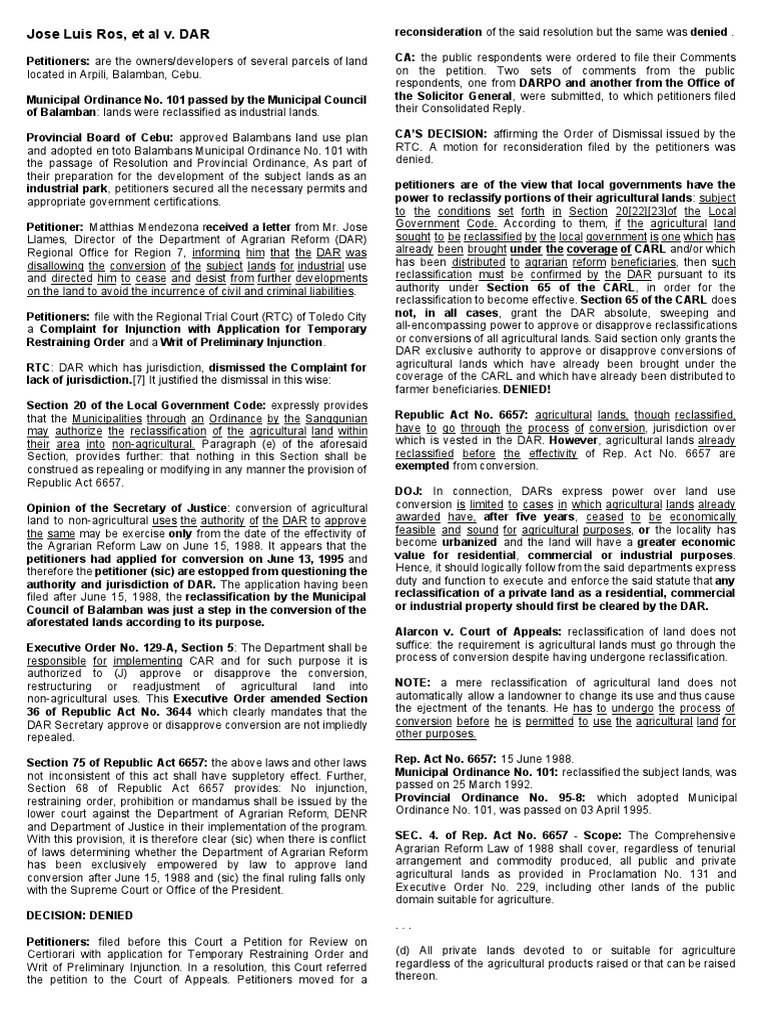 Jose Luis Ros, Et Al v. DAR | PDF | Jurisdiction | Constitutional Law