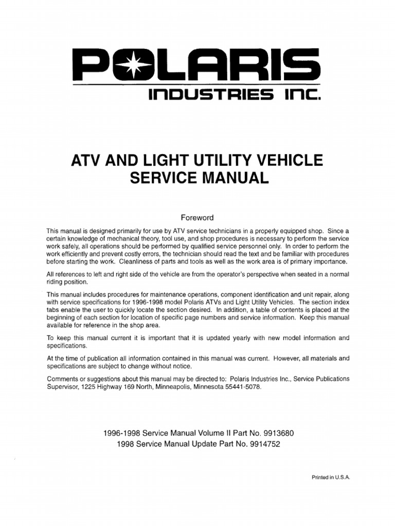 Polaris ATV Service Manual 1996-1998 All Models PDF | PDF | Vehicles ...