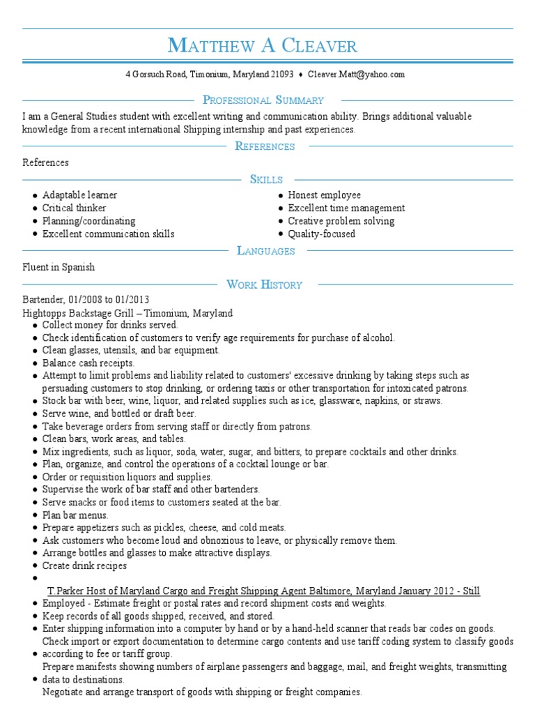 Matt Cleaver Resume Final | PDF | Bar | Cargo
