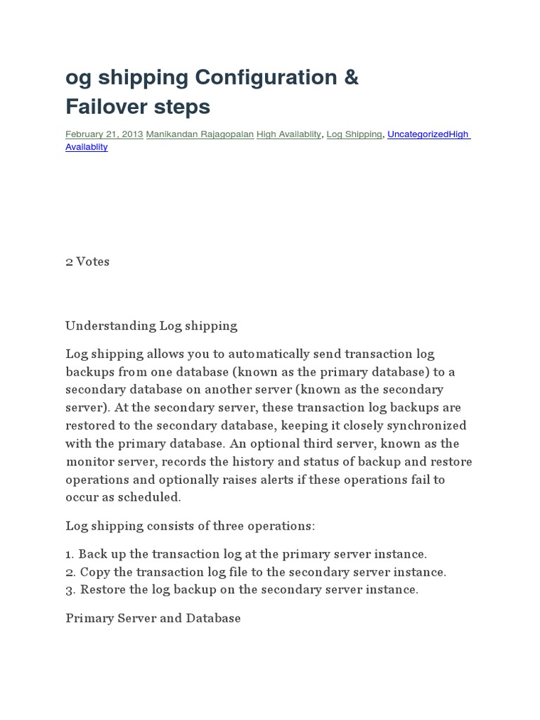 Log Shipping Configuration | PDF | Backup | Databases