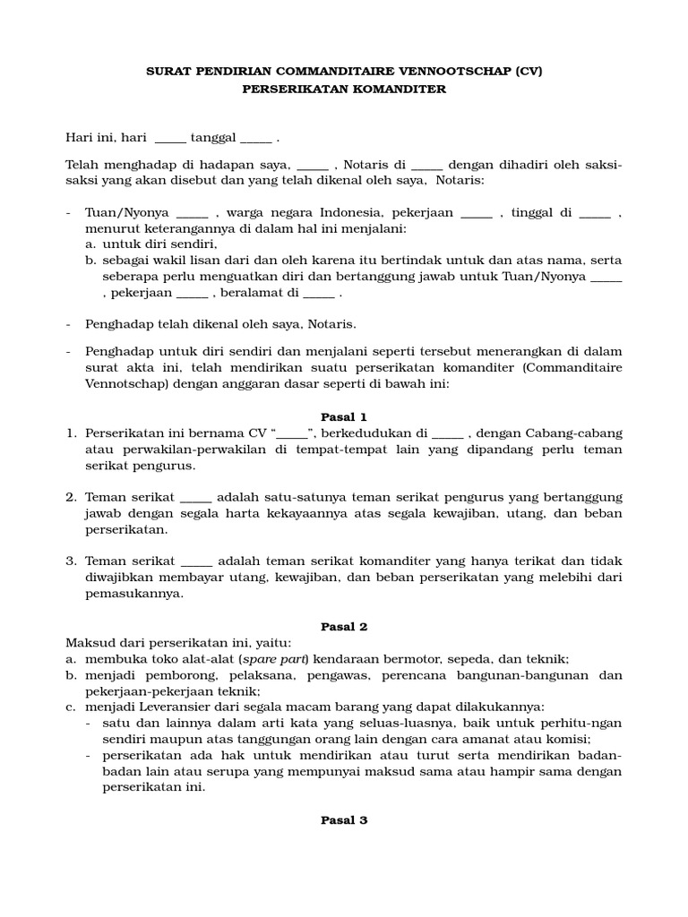 Contoh Surat Perjanjian Pendirian Commanditaire Vennootschap (CV) Resmi ... Contoh Surat Perjanjian Pendirian Commanditaire Vennootschap (CV) Resmi ...