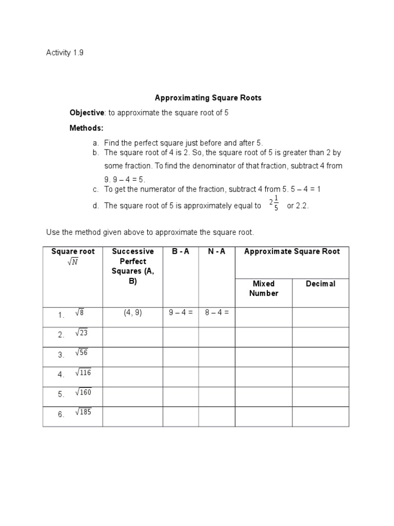 Approximating Square Roots Objective: To Approximate The Square Root of ...