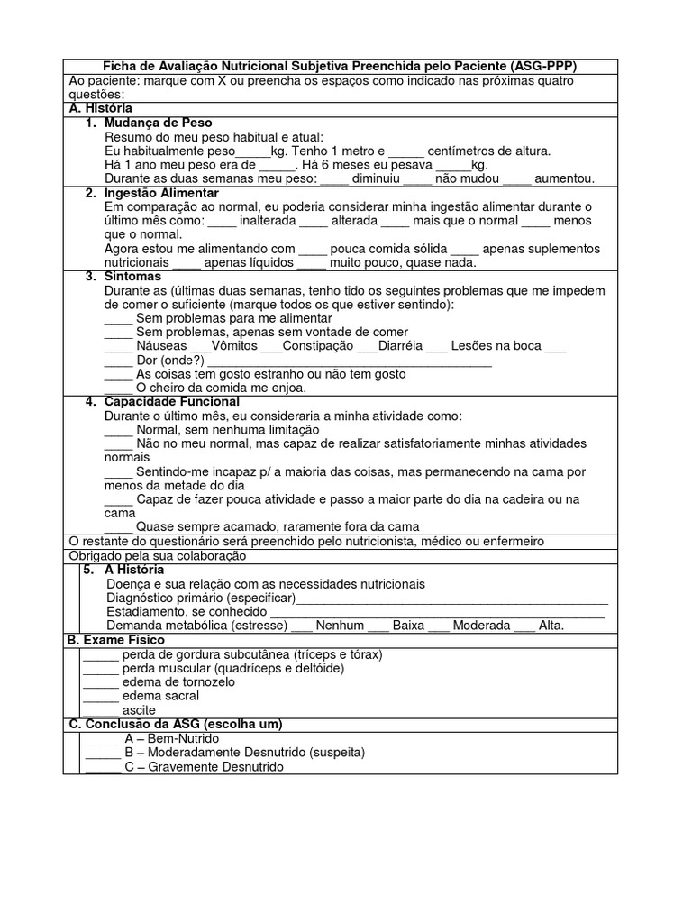 Ficha de Avaliação Nutricional Subjetiva Preenchida pelo Paciente (ASG ...
