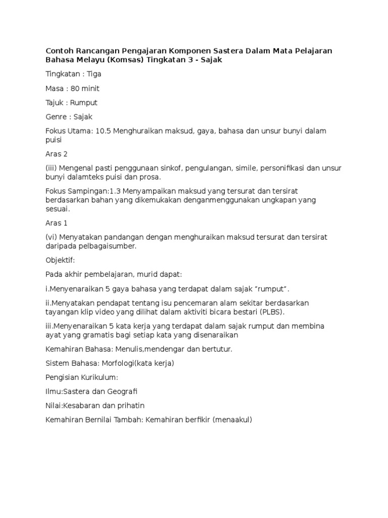 Contoh Rancangan Pengajaran Komponen Sastera Dalam Mata PelajaranBahasa ...