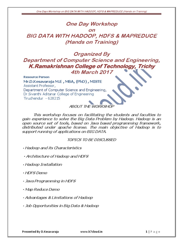 Big Data With Hadoop Hdfs And Mapreduce Hands On Training Pdf Apache Hadoop Map Reduce