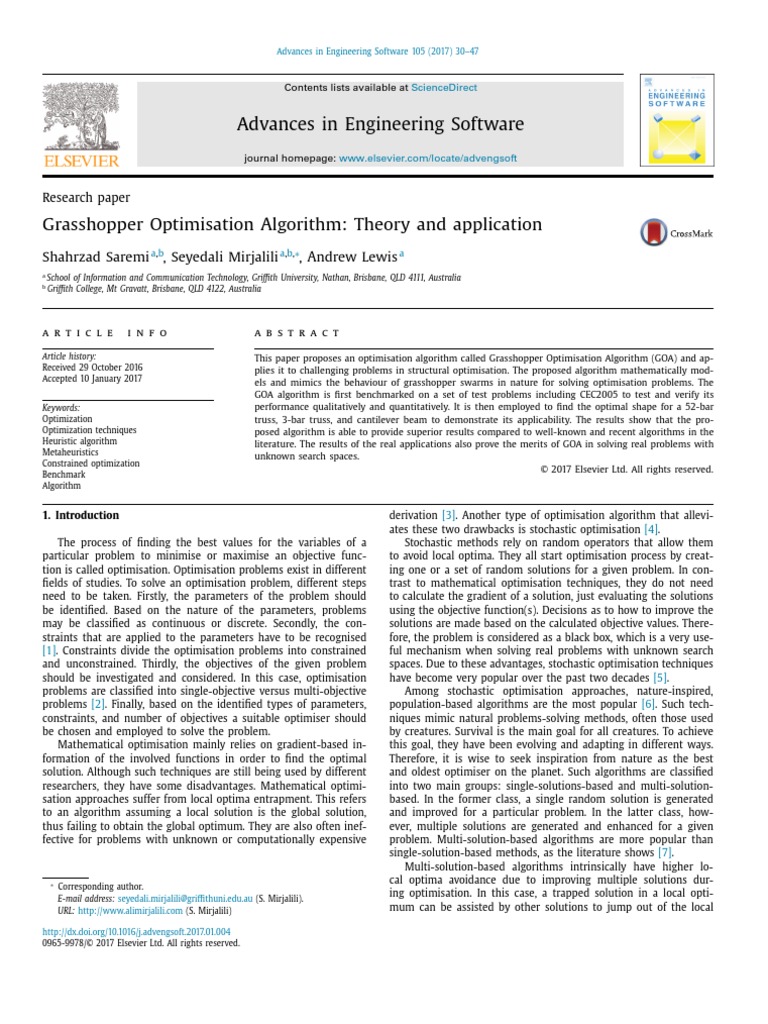 Advances in Engineering Software: Shahrzad Saremi, Seyedali Mirjalili, Andrew Lewis | PDF ...