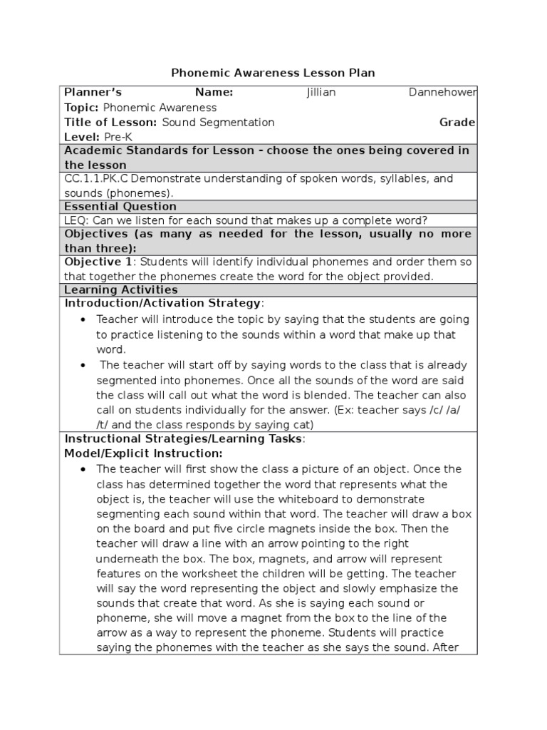 phonemic awareness lesson plan final | Educational Assessment | Lesson Plan