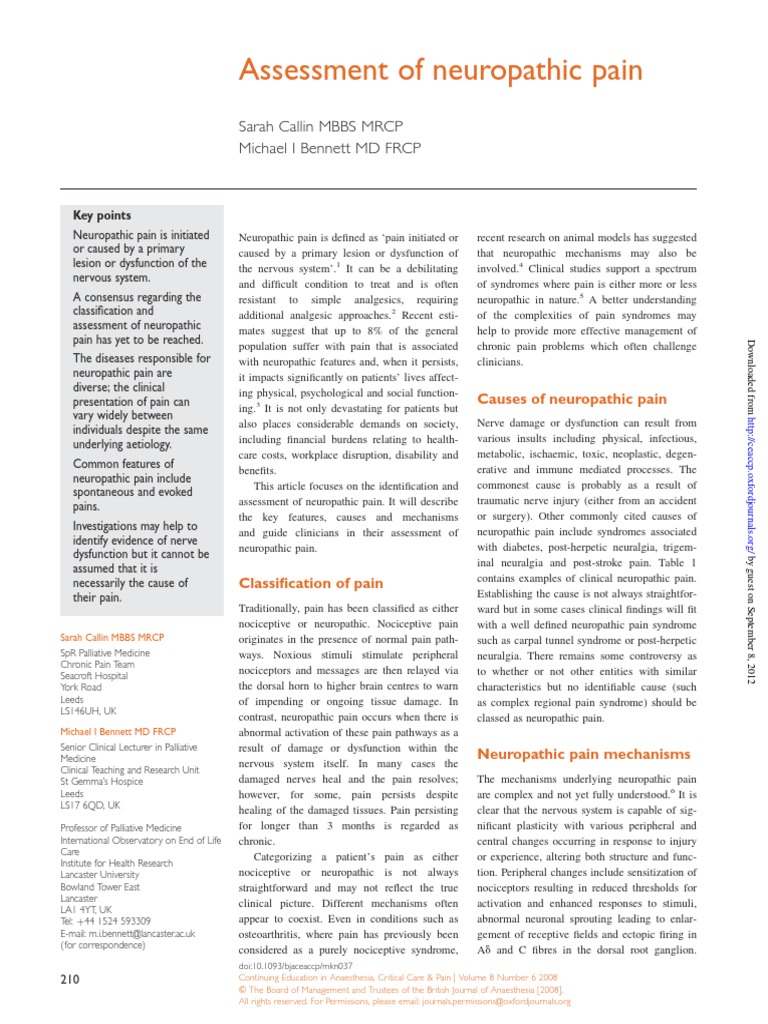 Assessment of Neuropathic Pain: Sarah Callin MBBS MRCP Michael I ...