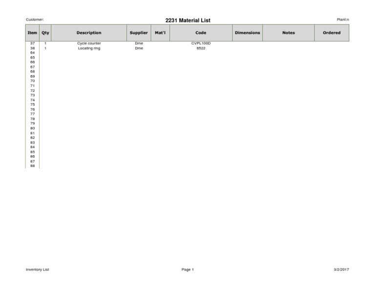 2231 Material List: Item Qty Description Supplier Mat'l Code Dimensions ...
