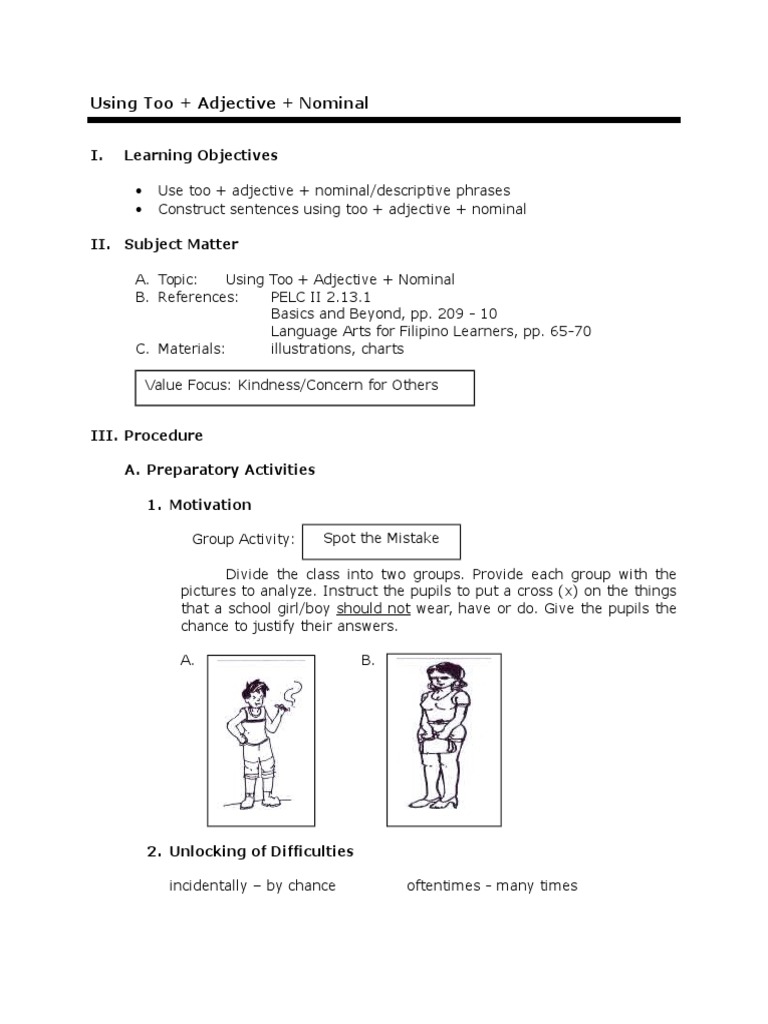 Grade 4 English Speaking Too Adjective Nominal | PDF | Verb | Adjective