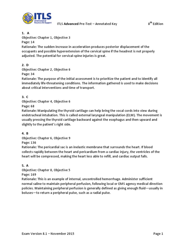 ITLS 8e Advanced Pre-Test - Annotated Key PDF | PDF | Major Trauma ...