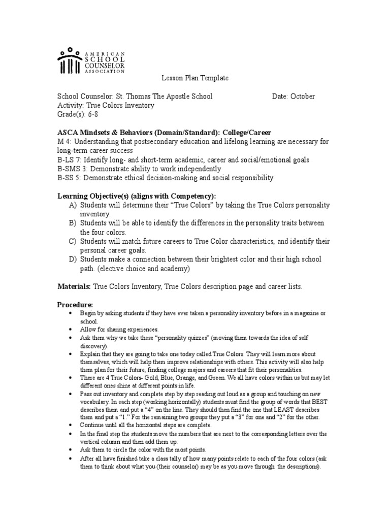 True Colors Lesson Plan | PDF | Lesson Plan | School Counselor