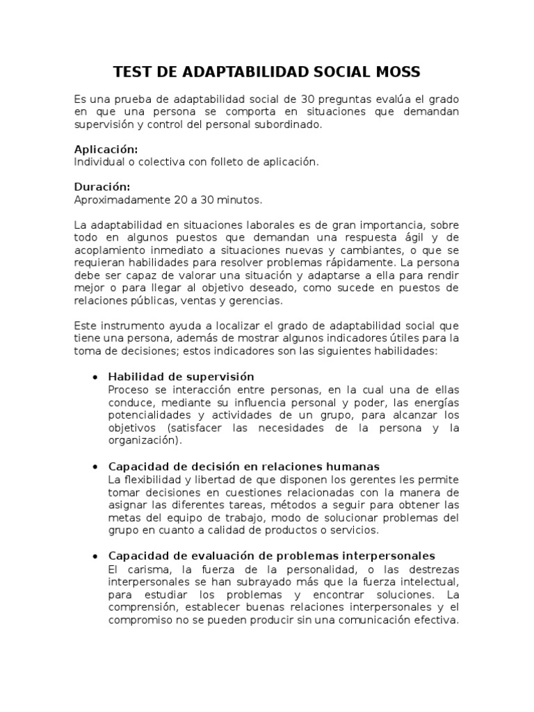 Test Moss: Evalúa Adaptabilidad Social | PDF | Toma de decisiones ...