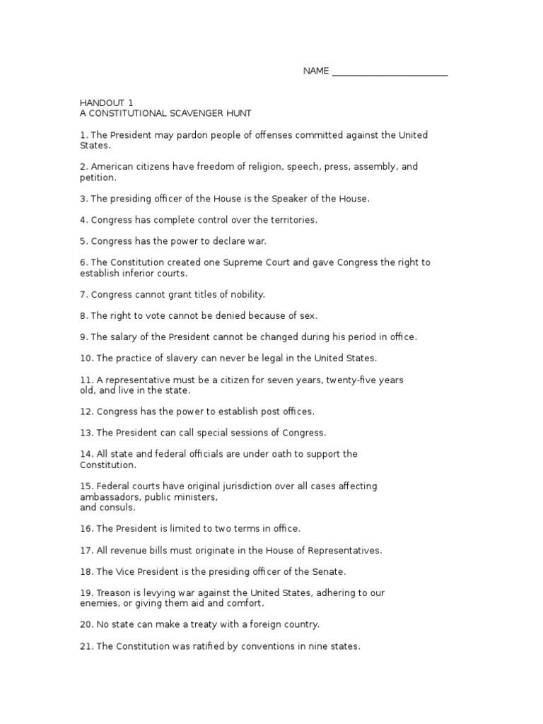 Constitution Scavenger Hunt | PDF | Presidents Of The United States ...