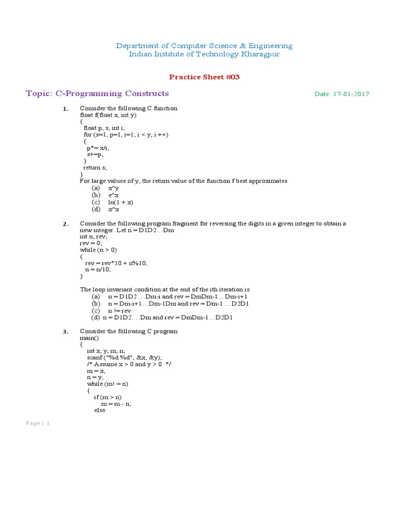 Practice 03 C Programming Constructs Download Free Pdf Control Flow Integer Computer Science
