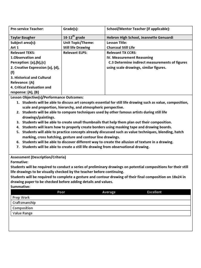 Still Life Drawing Lesson Plan | PDF | Drawing | Communication