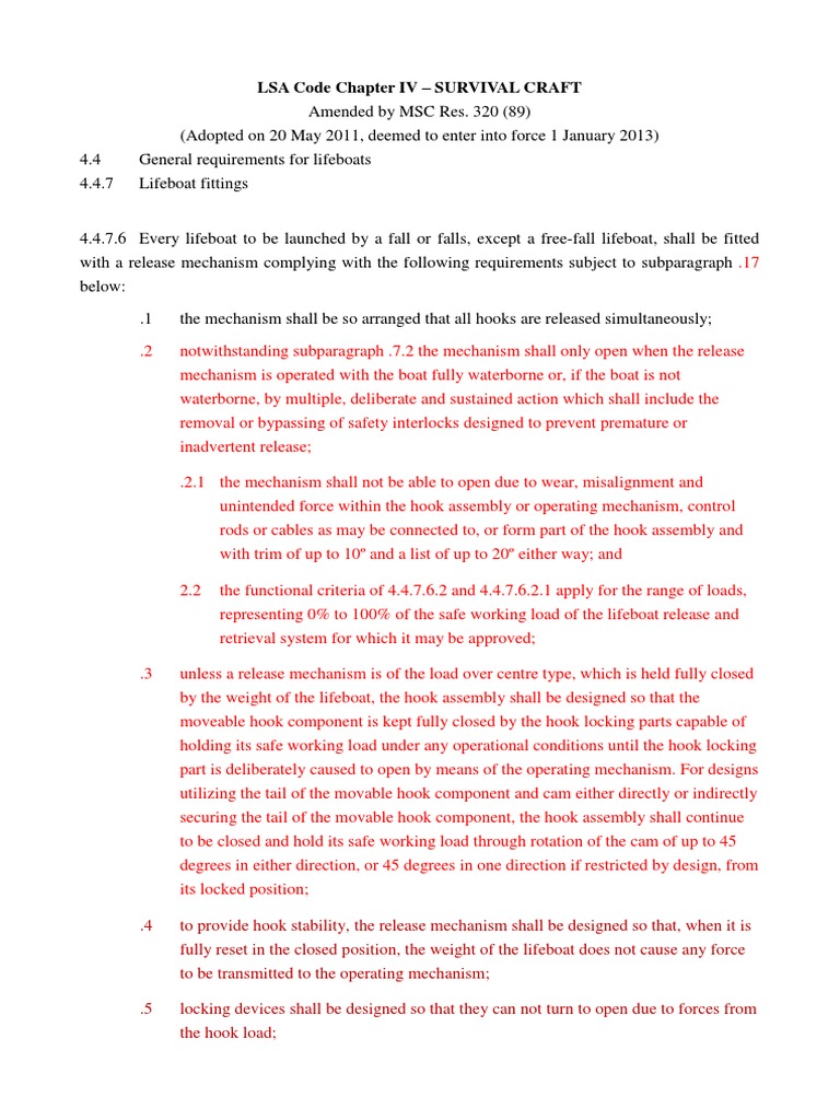 LSA Code Chapter IV: Lifeboat Requirements | PDF | Force | Corrosion