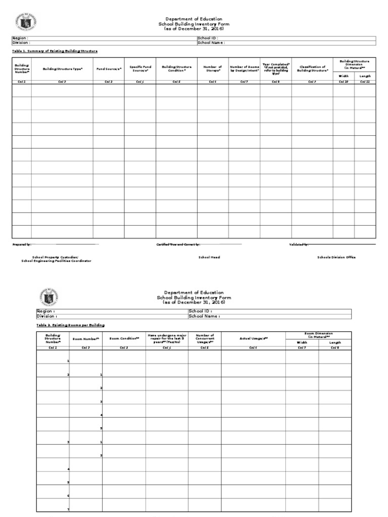 Department of Education School Building Inventory Form (As of December ...