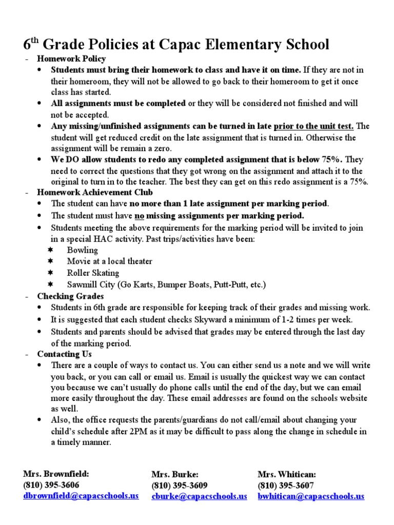 6th Grade Policies | PDF