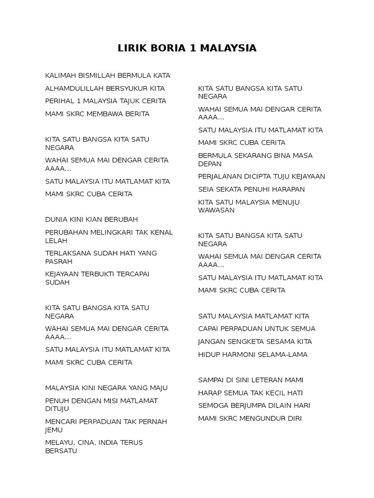Lirik Boria 1 Malaysia | PDF