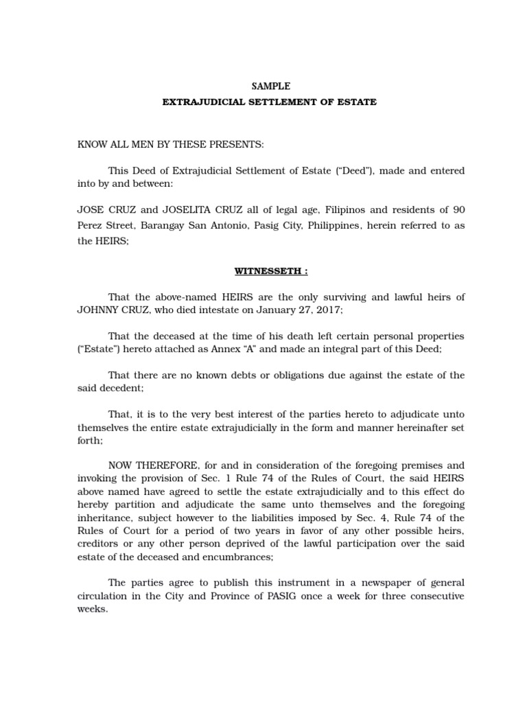 Extrajudicial Settlement Sample | PDF | Inheritance | Deed