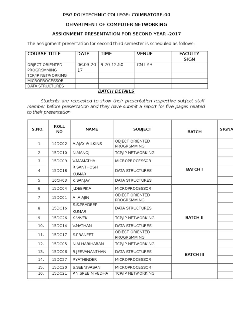 The Assignment Presentation For Second Third Semester Is Scheduled As Follows | PDF | Computer ...
