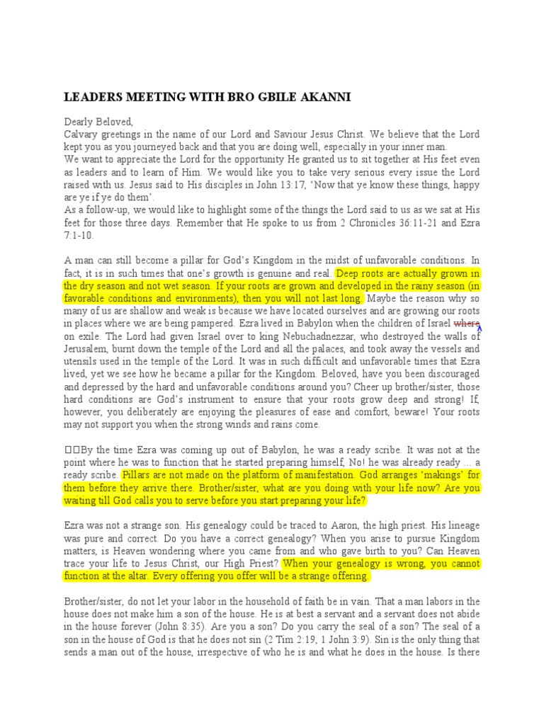 Leaders Meeting With Bro Gbile Akanni | PDF | Jesus | Religious Belief ...