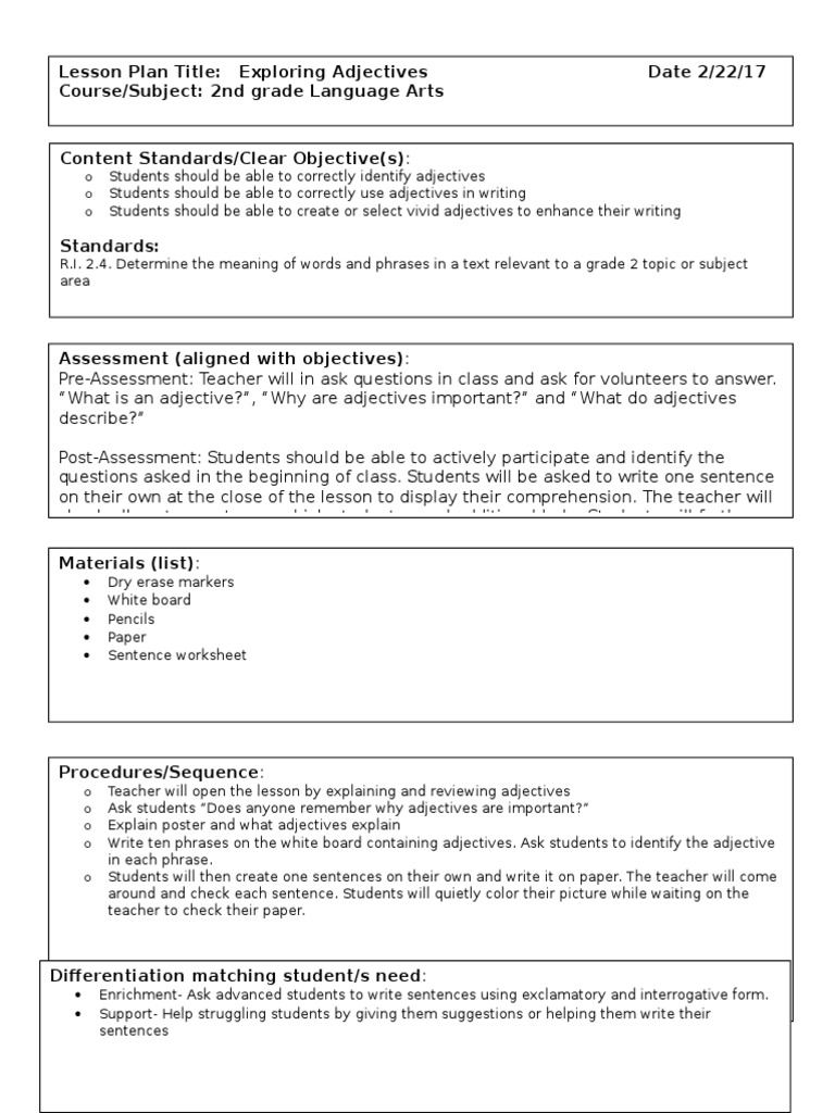 Adjectives Lesson Plan | PDF | Lesson Plan | Education Theory