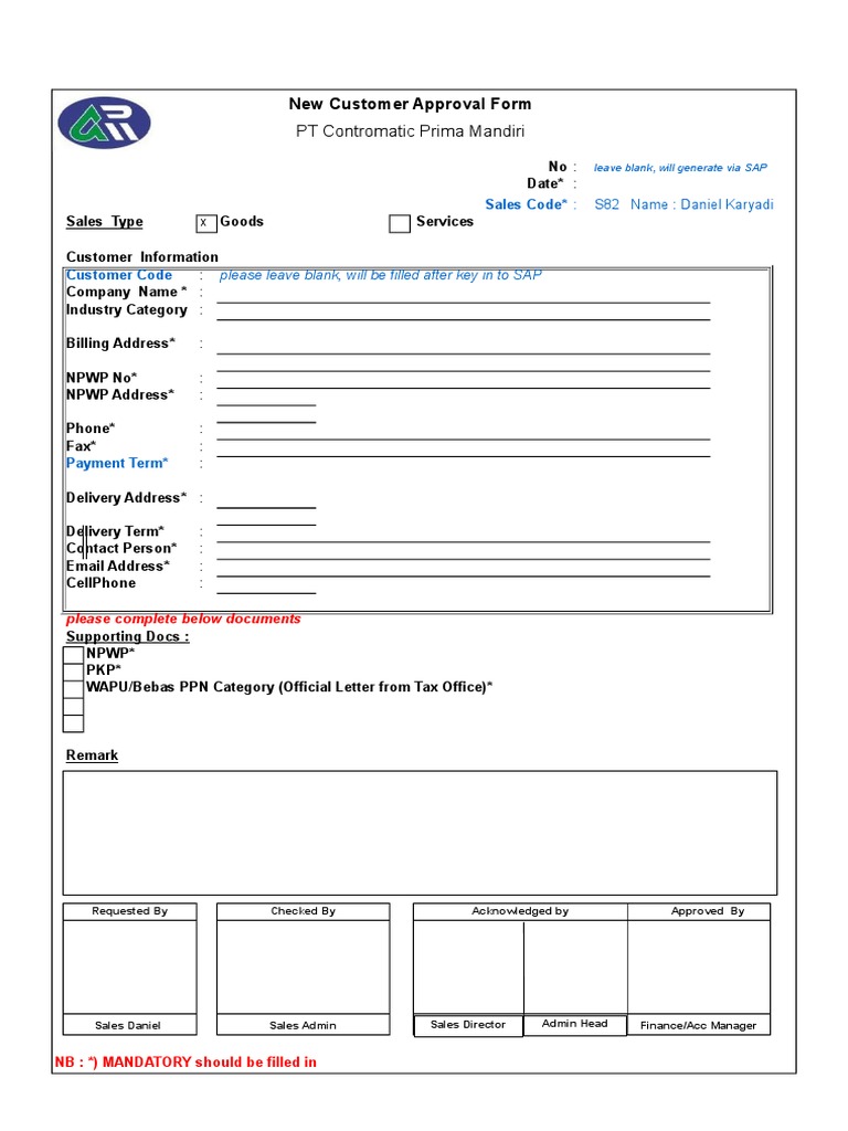 PT Contromatic Prima Mandiri: New Customer Approval Form | PDF
