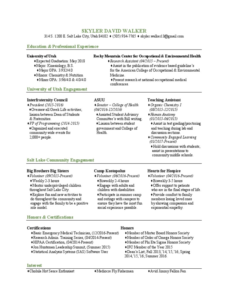 Skyler Walker's Resume | PDF | Fraternities And Sororities | Health Care