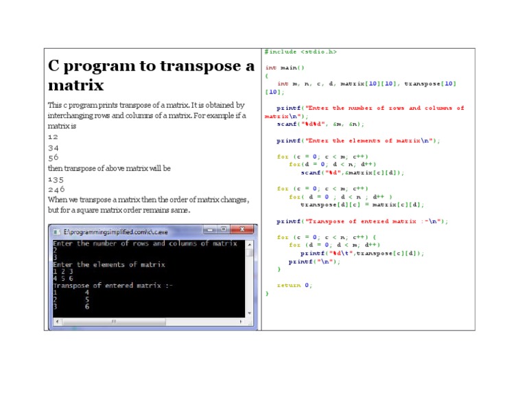 C Program for Matrix Transposition | PDF