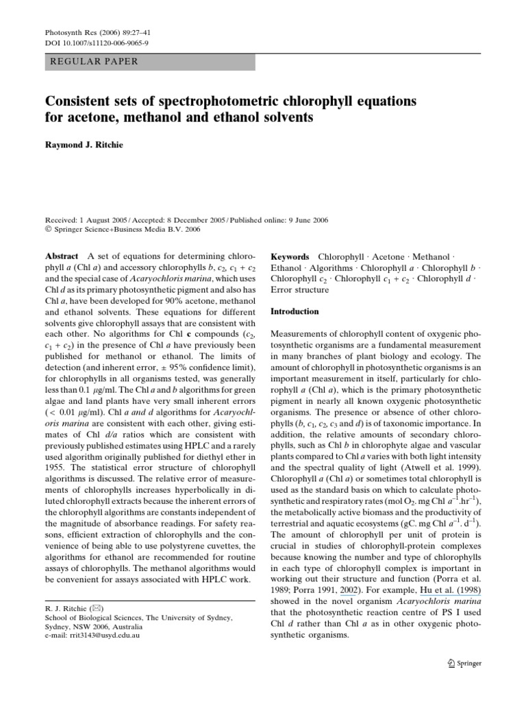Chlorophyll Assay Equations for Solvents | PDF | Chlorophyll | Solvent